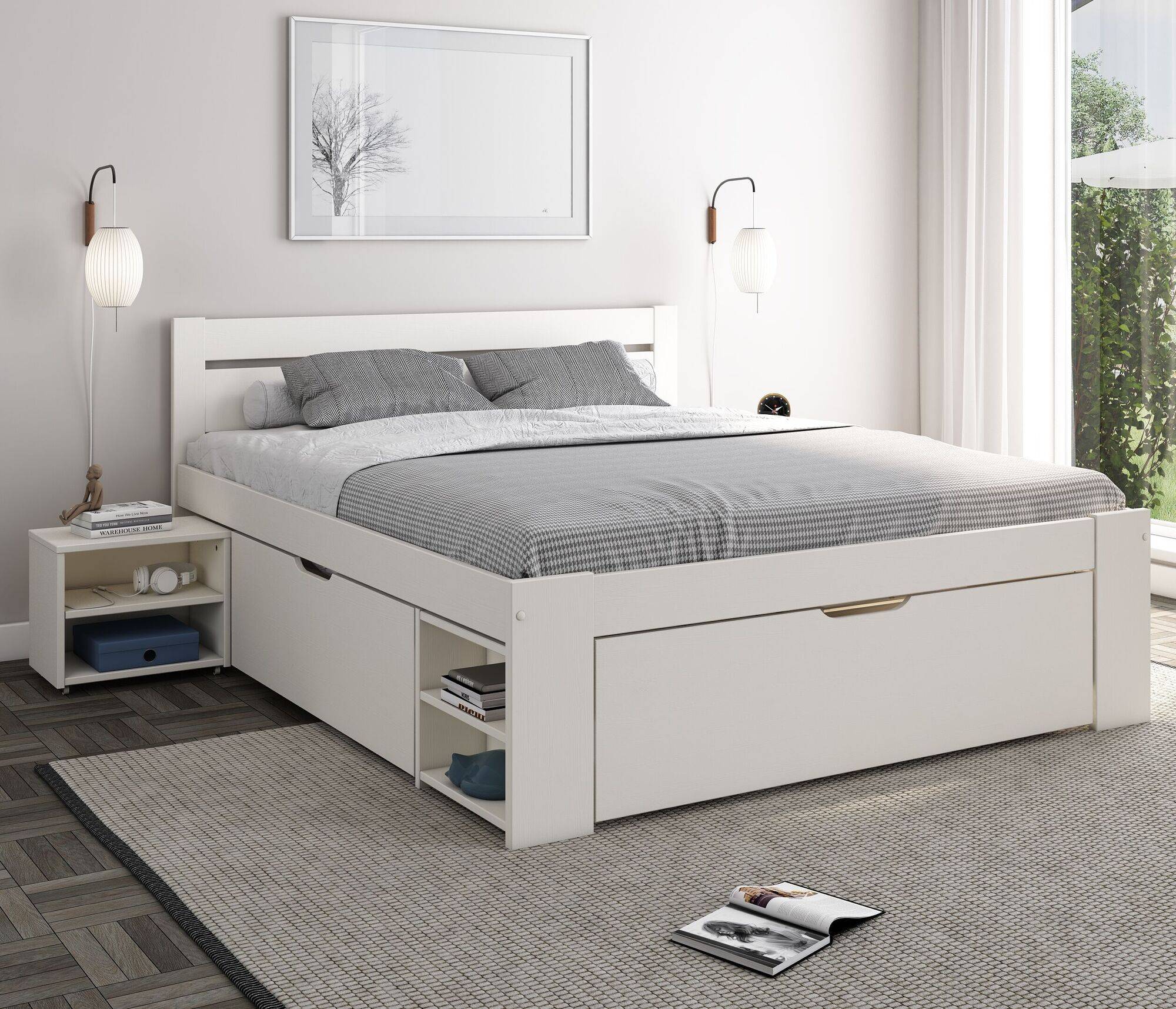 Lit rangement bois massif Tara - Blanc - 140 x 190 cm | Camif